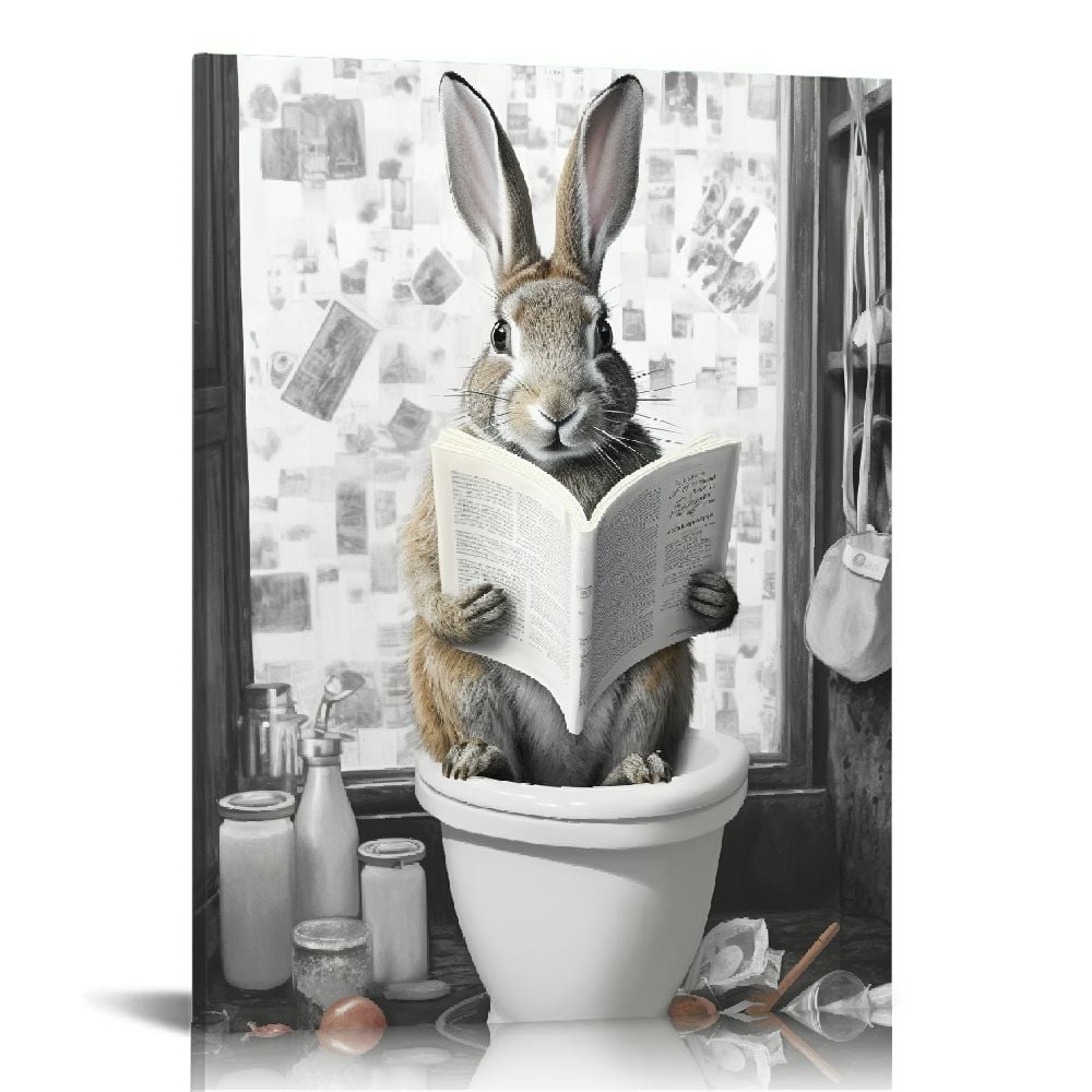 Nawypu Funny Rabbit Bathroom Decor Wall Art Cute Rabbit Sitting in ...