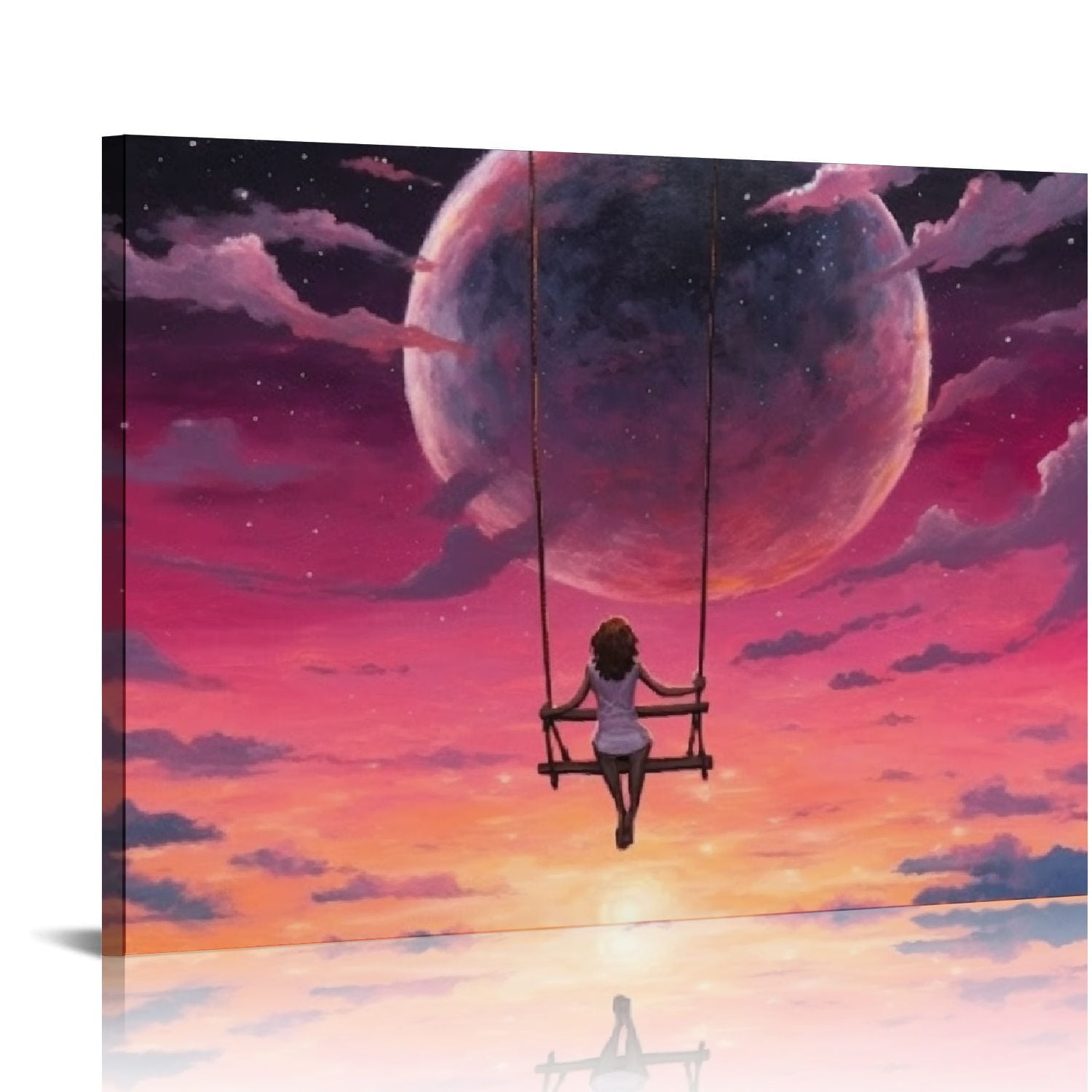 Nawypu Girl Swinging On A Swing On Full Moon, Girl Room Wall Art ...