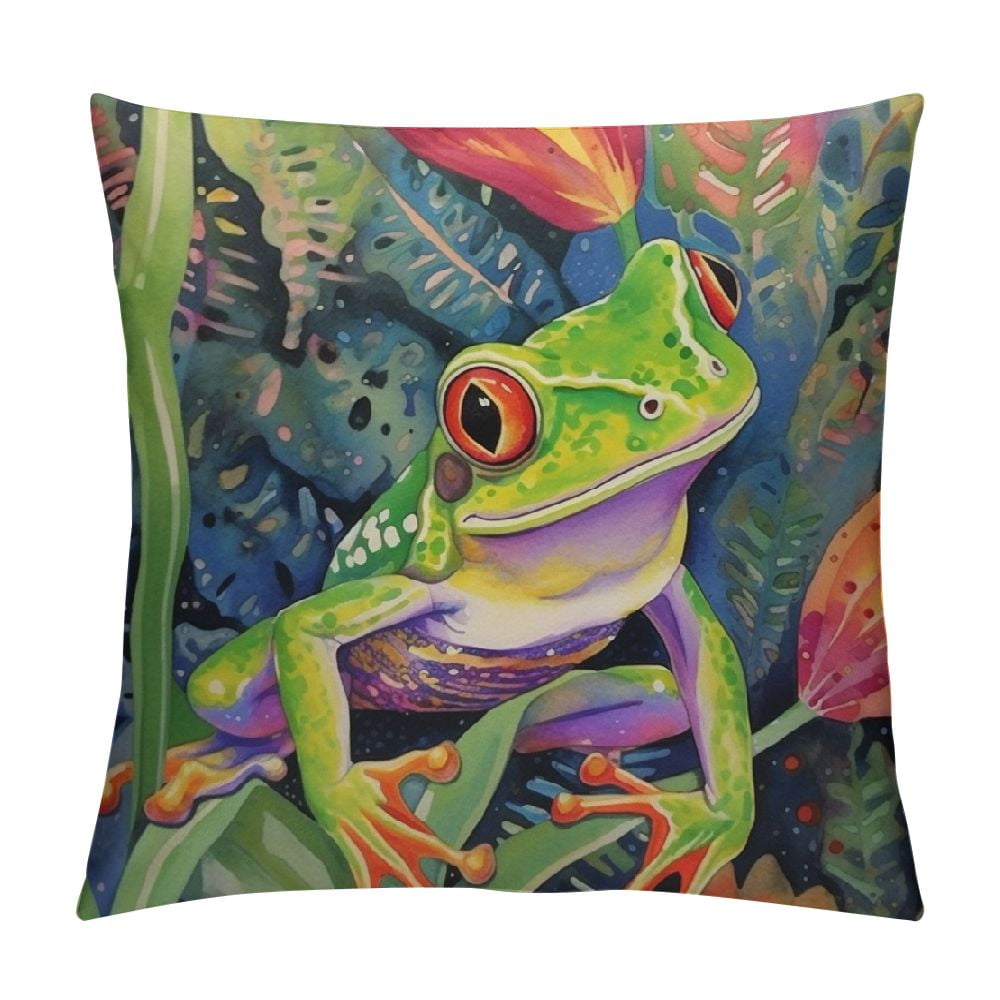 Nawypu Green Frog Throw Pillow Cover, Cute Tropical Forest Frog Palm ...