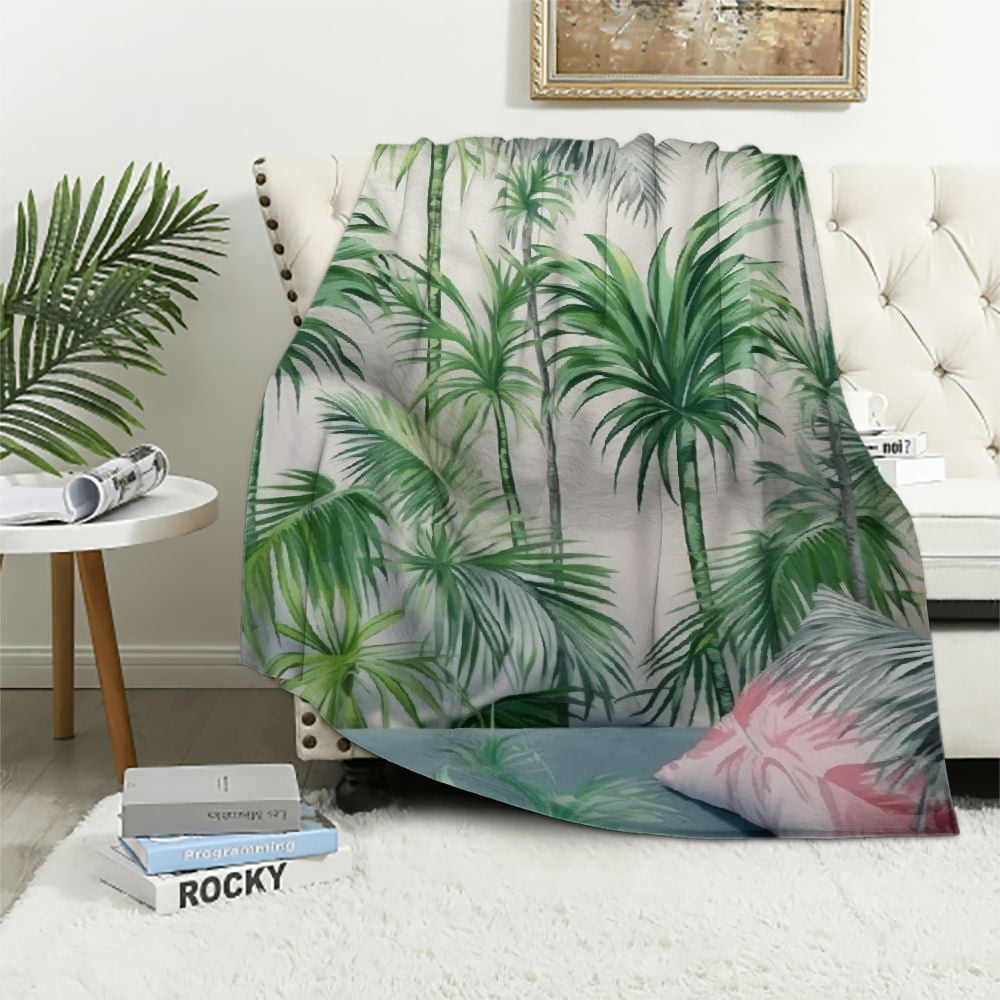 Nawypu Green Palm Leaf Throw Blanket Watercolor Tropical Plants Leaves ...