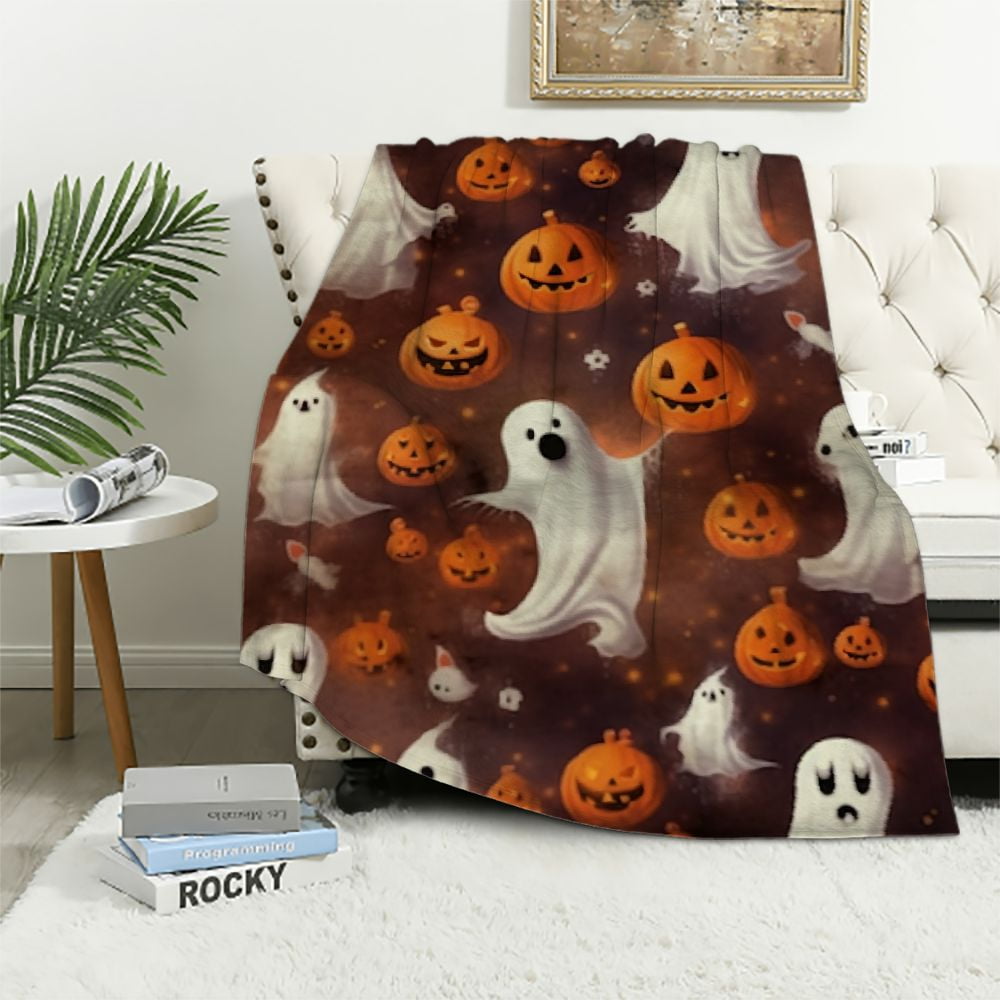Nawypu Halloween Blanket Throw, Cute Orange Spooky Ghost Pumpkin Throw ...