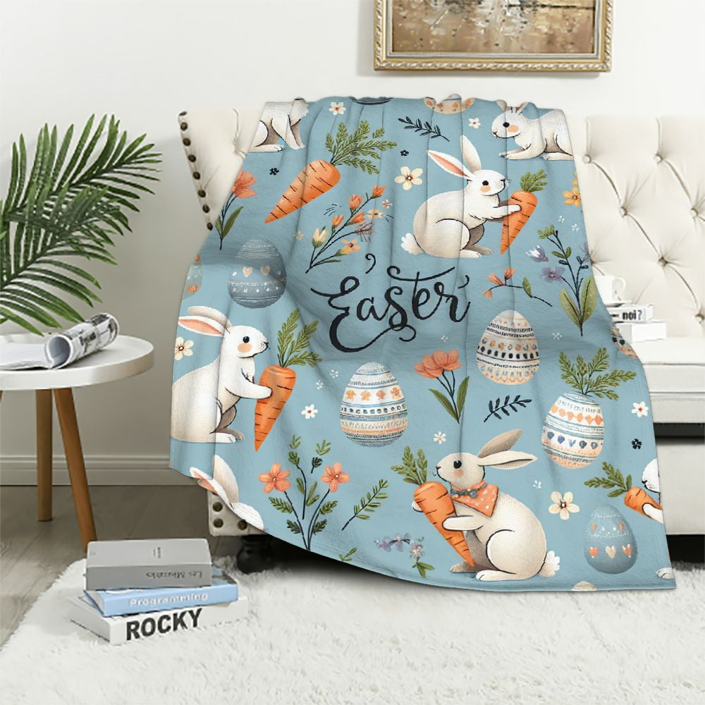 Nawypu Happy Easter Throw Blanket Blue Cute Bunny Egg Bunny Blanket ...