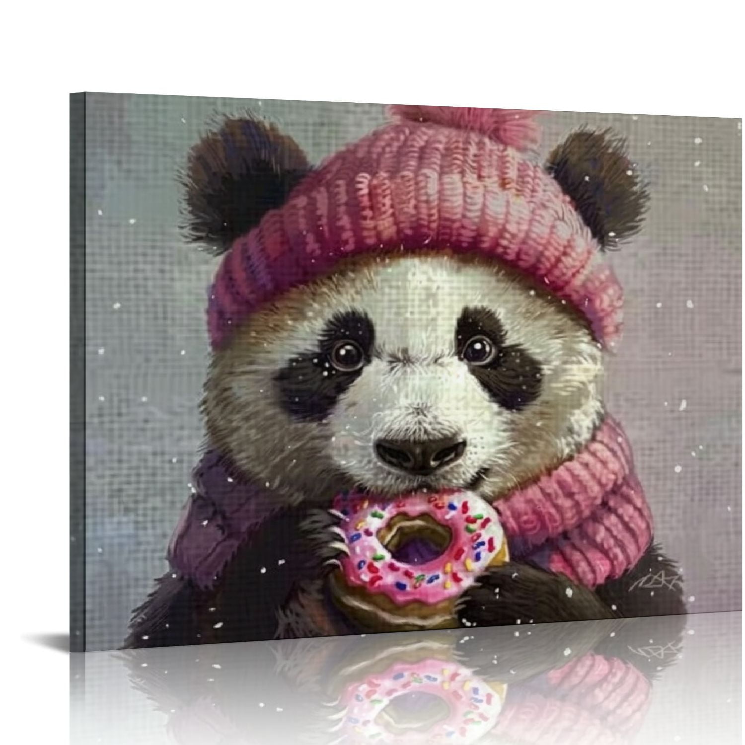 Nawypu Happy Panda Bear with Pink Sprinkle Donut, Designed Canvas Wall ...