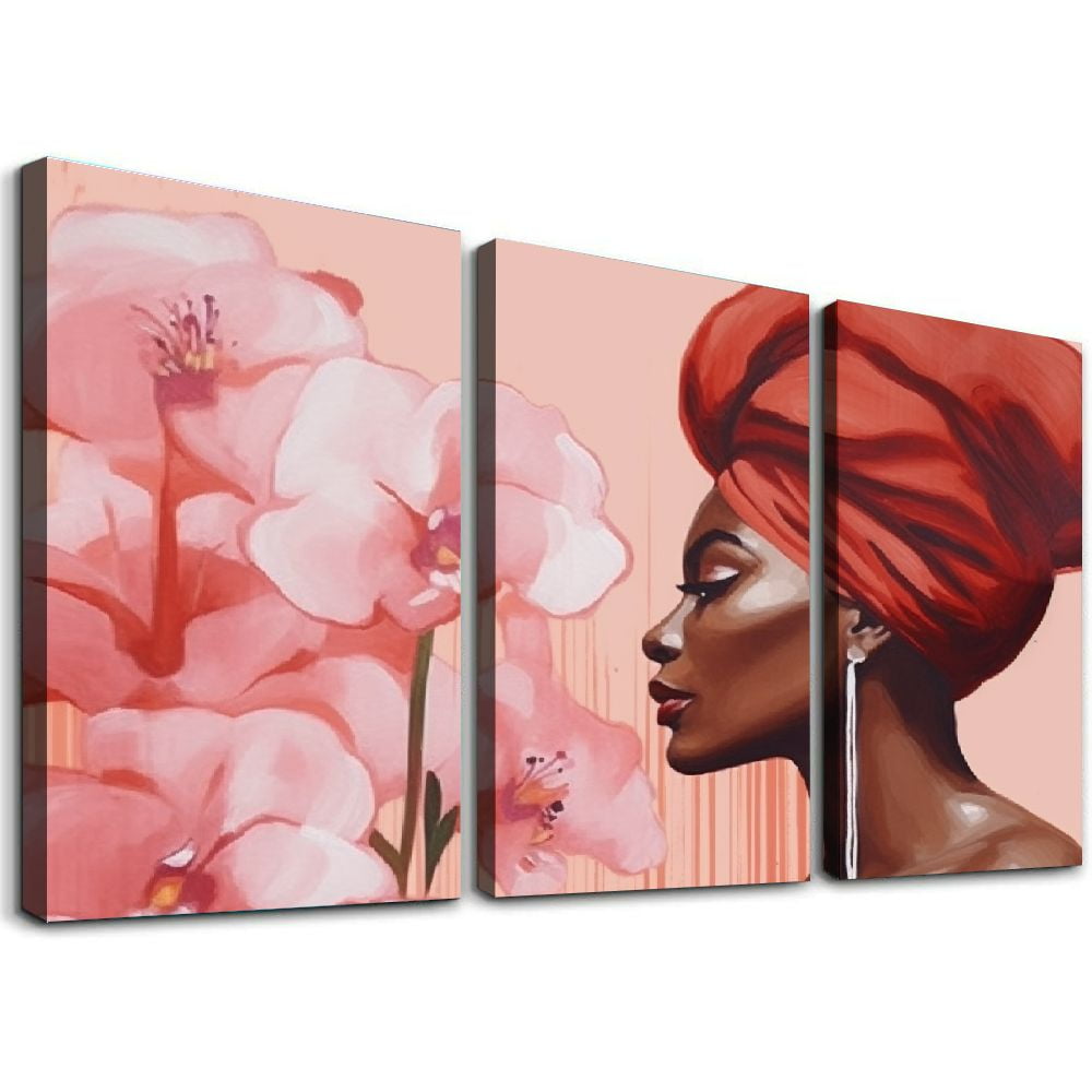 Nawypu of Headwrap African American Woman Canvas Wall Art Print Sexy Girl Brown and Pink Paint ...