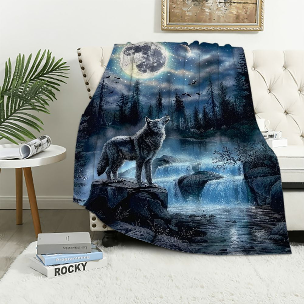 Nawypu Heavy Howling Wolf Pattern-Plush Thick 8 Pound Mink Soft Blanket ...