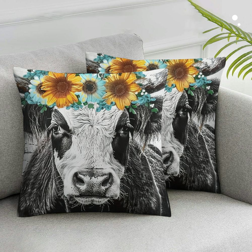 Nawypu Highland Cow Pillow Cover,Sunflowers Rustic Farmhouse Wooden ...