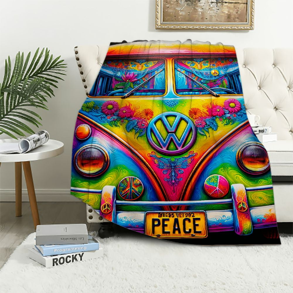 Nawypu Hippie Bus Printed Sherpa Blanket, Rainbow Hippie Boho Throw ...