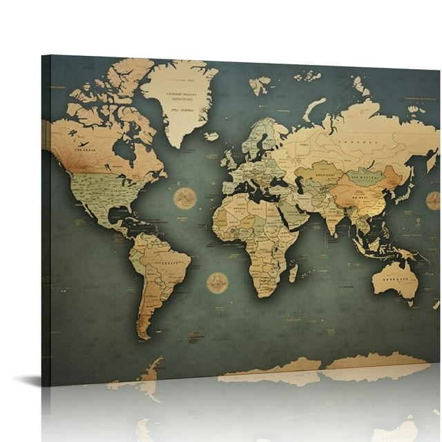 Nawypu Holy Cow Canvas Push Pin World Map on Canvas in Vintage Earth Tones, Favorite Travel ...