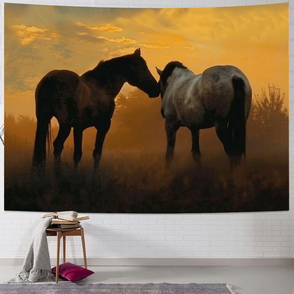 Nawypu Horse Tapestry, Silhouette Stallions in Love Farmhouse Landscape ...
