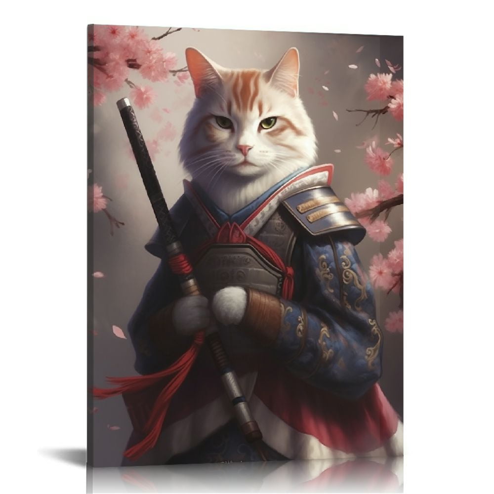 WERPE Inspirational Wall Art Japanese Style Warrior Cat Positive Canvas Poster Cat Print Artwork ...