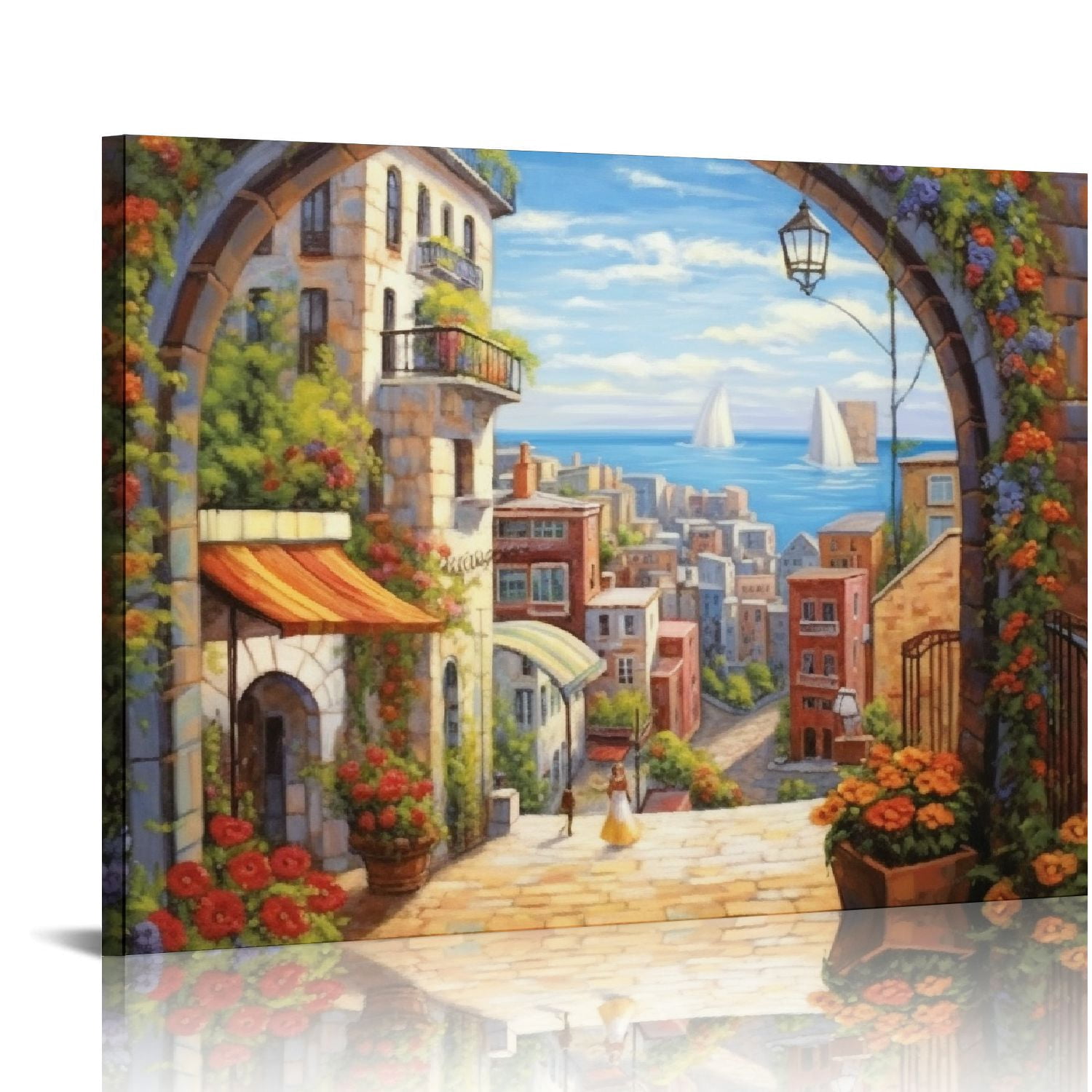 Nawypu Italian Town Canvas Wall Art - Coastal Village Painting Artwork ...