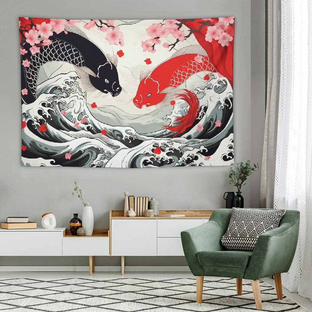 Nawypu Japanese Anime Tapestry, Black and White Yin Yang Koi Fish ...