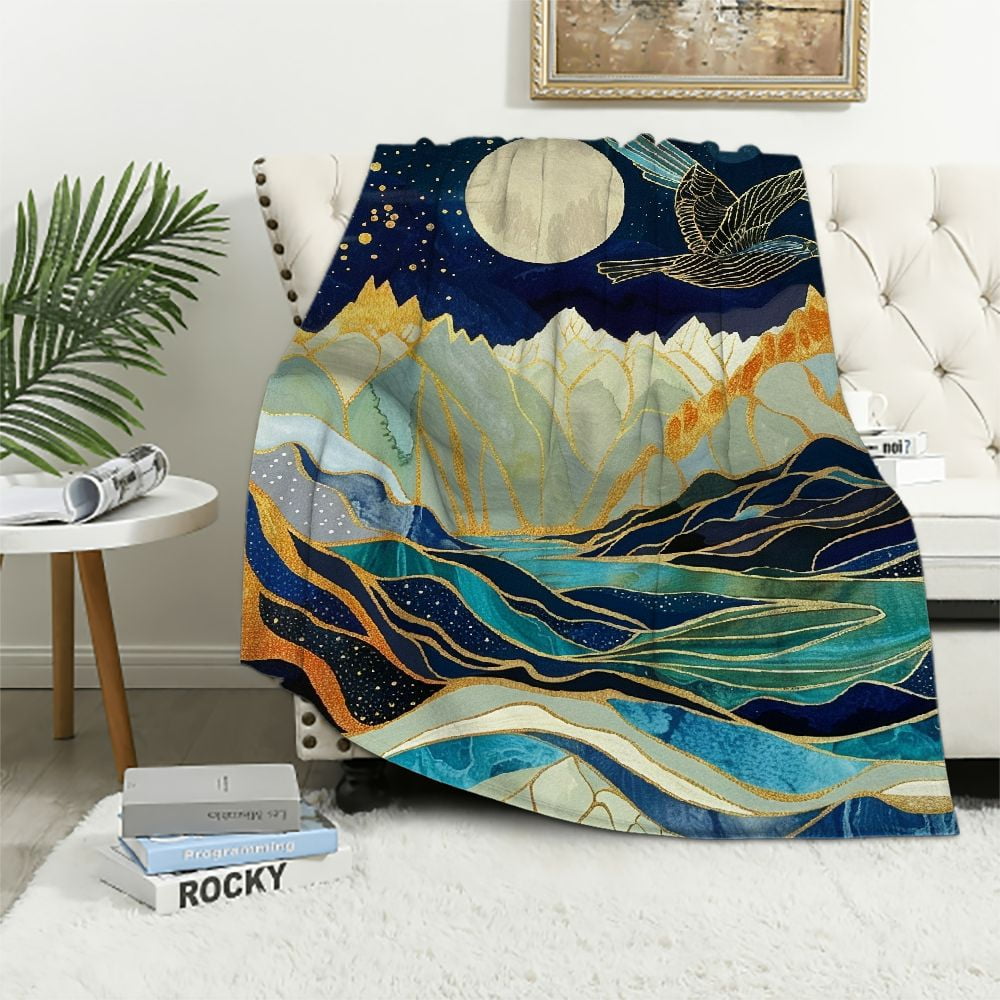 Nawypu Japanese Style Throw Blanket Wild Crane Glitter Moon Starry Sky ...