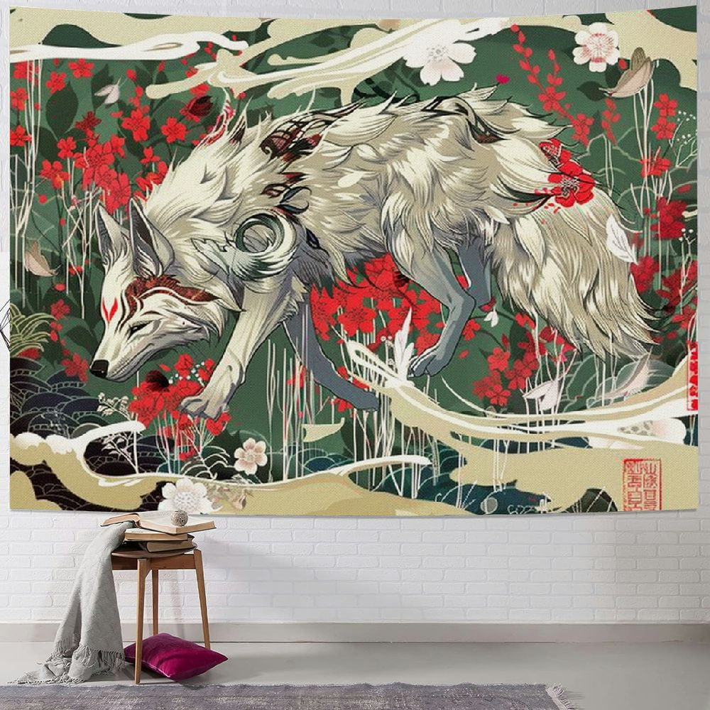Nawypu Japanese Tapestry White Cool Wolf Red Sun Ukiyo-e Tapestry Sea ...