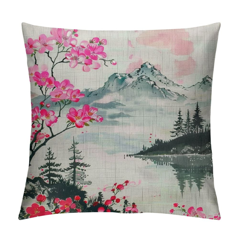 Awypu Japanese Watercolor Spring Pillow case, Mount Fuji with Cherry ...