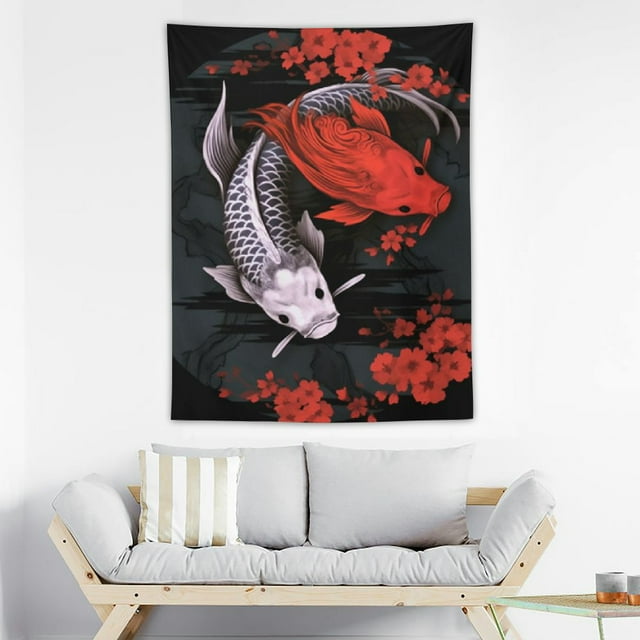 Nawypu Japanese Yin Yang Koi Fish Tapestry, Cool Red and Black Anime ...