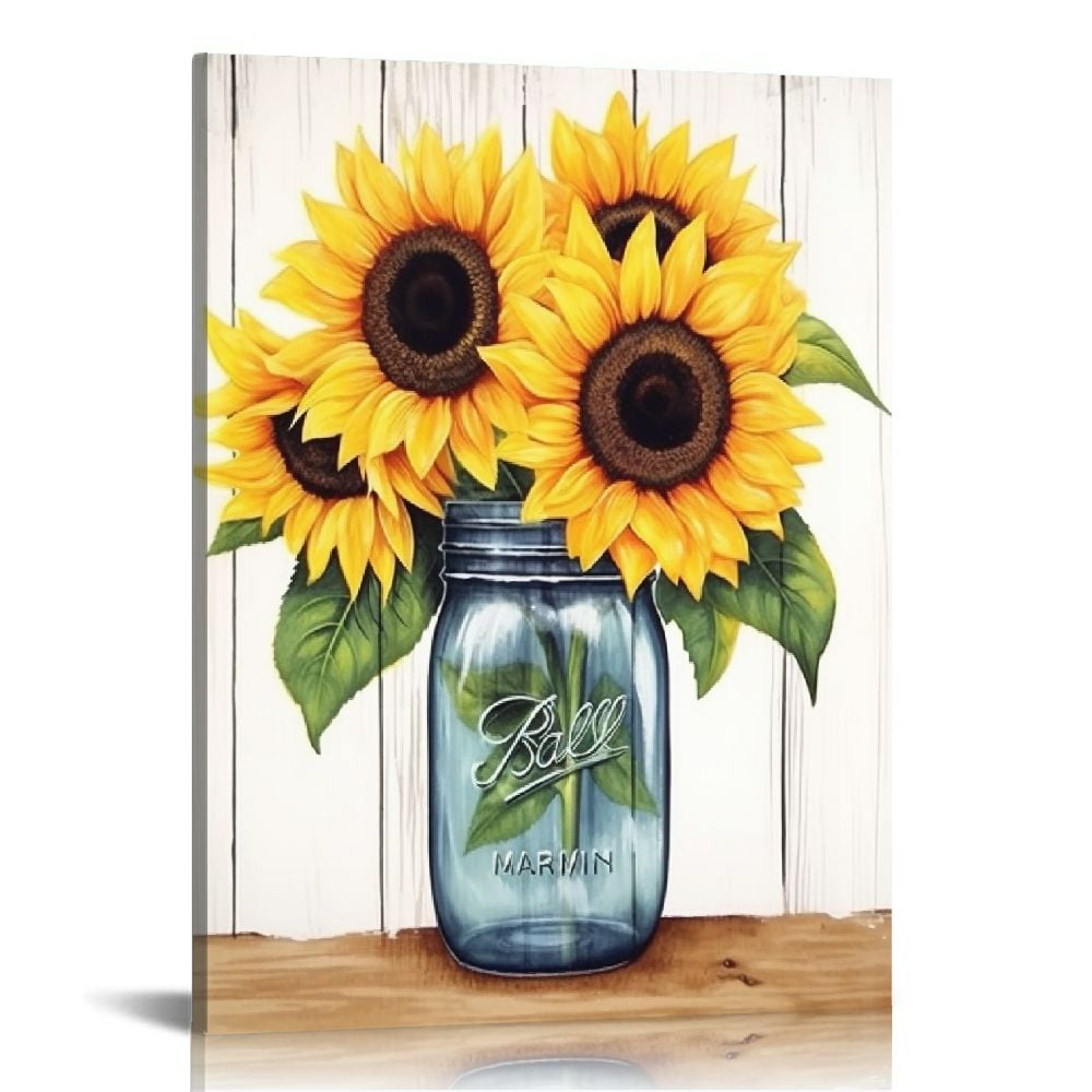 Nawypu Jar Flower Wall Art Mason Jar Vase Wall Art Print Sunflower ...