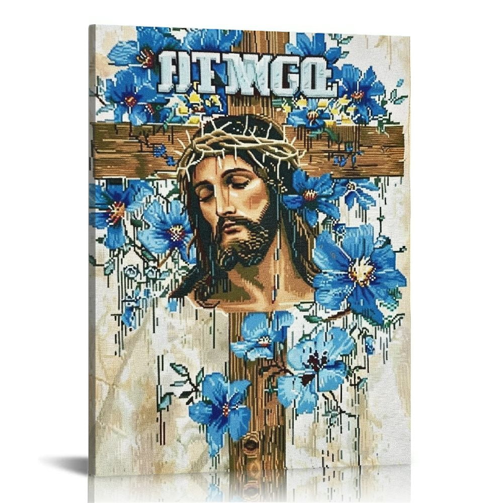 Nawypu Jesus Canvas Wall Art Rustic Jesus Christ Cross With Blue ...