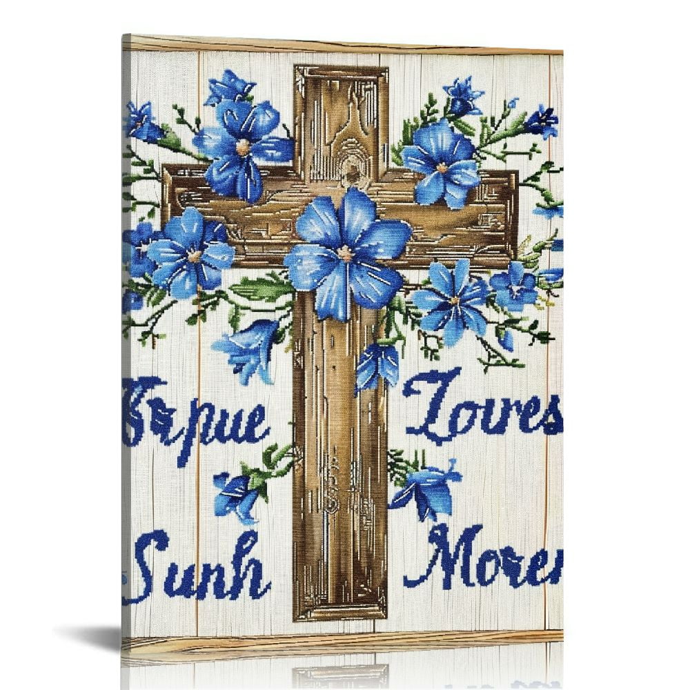 Nawypu Jesus Canvas Wall Art Rustic Jesus Christ Cross With Blue ...
