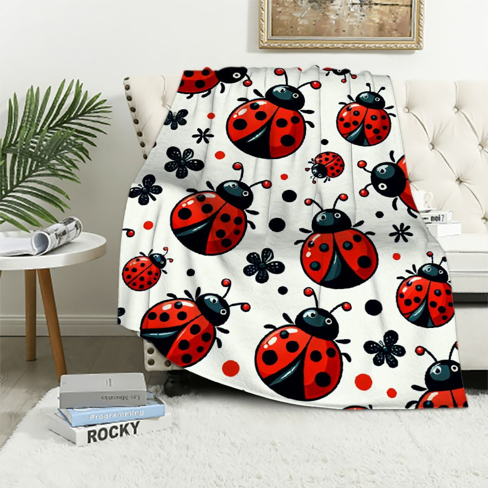 Nawypu Ladybug Throw Blanket Red and Black Ladybug Pattern on White ...