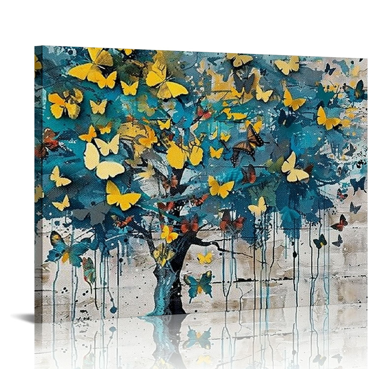 Nawypu Large Canvas Wall Art Blue Tree Golden Butterflies Picture ...