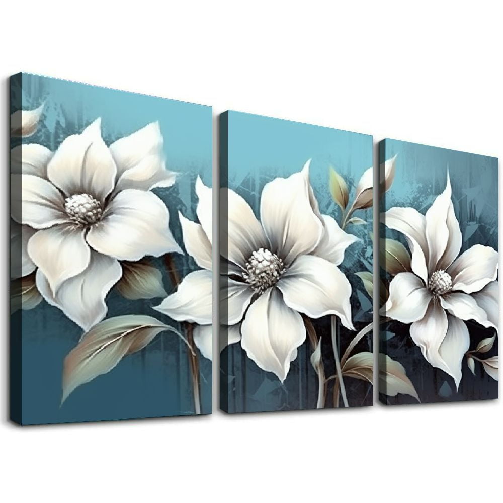 Nawypu Large White Lotus Flower Wall Art Gray Cyan Canvas Wall Art for ...