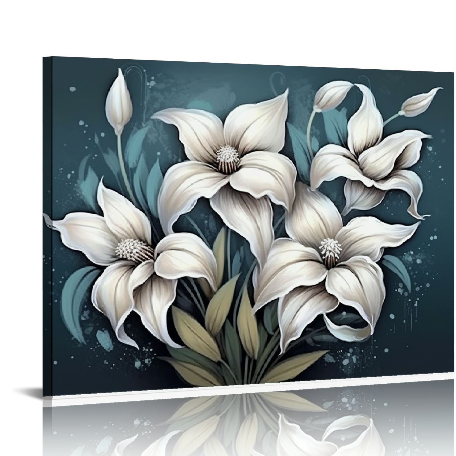 Nawypu Large White Lotus Flower Wall Art Gray Cyan Canvas Wall Art for ...