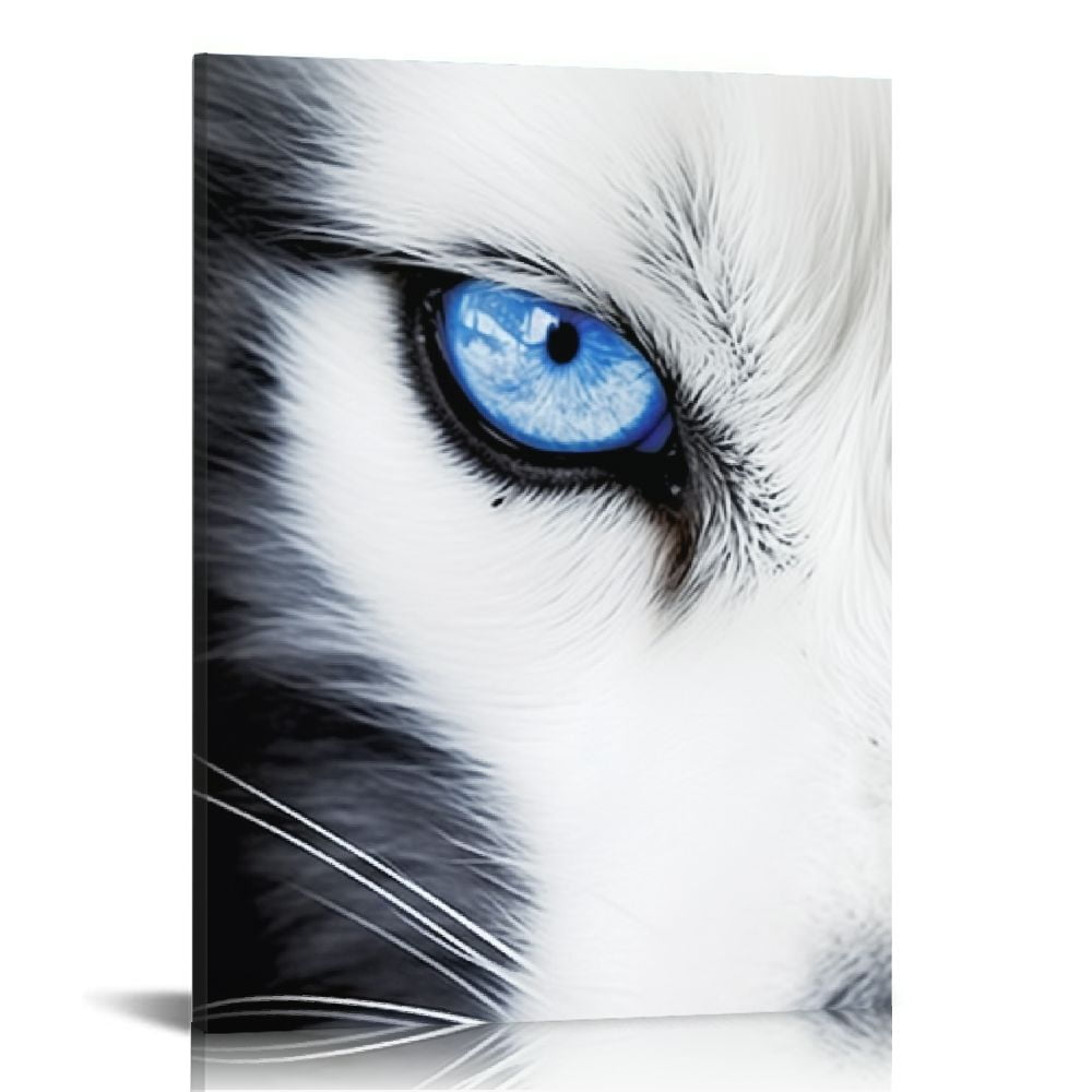 Nawypu Large Wolf Canvas Wall Art Black and White Wolf Dog With Blue ...