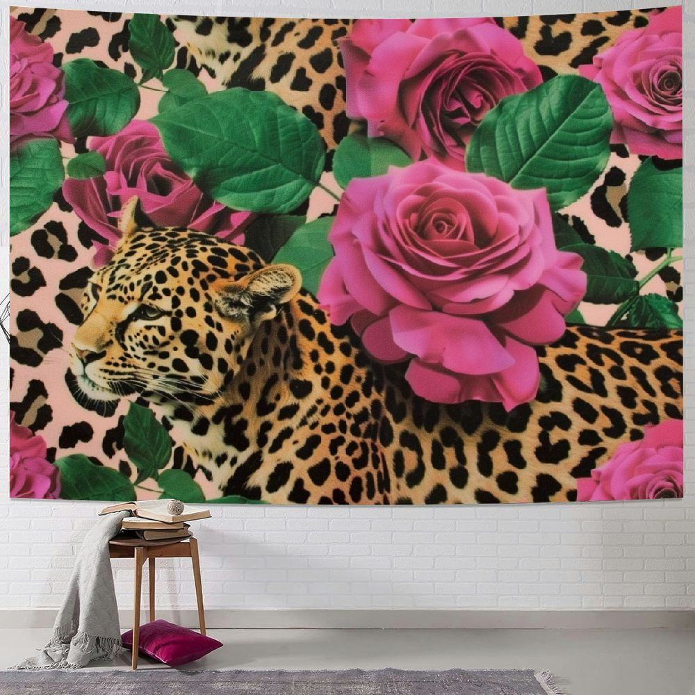 Nawypu Leopard Flower Tapestry Wall Hanging Pink Rose Floral Wild ...