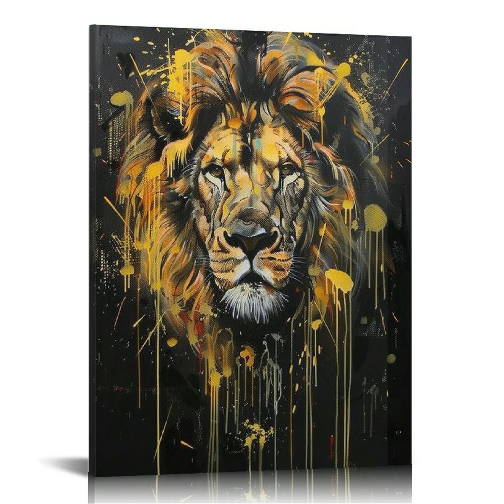 Nawypu Lion King With Crown Wall Art, Lion Black Gold Abstract Extra ...