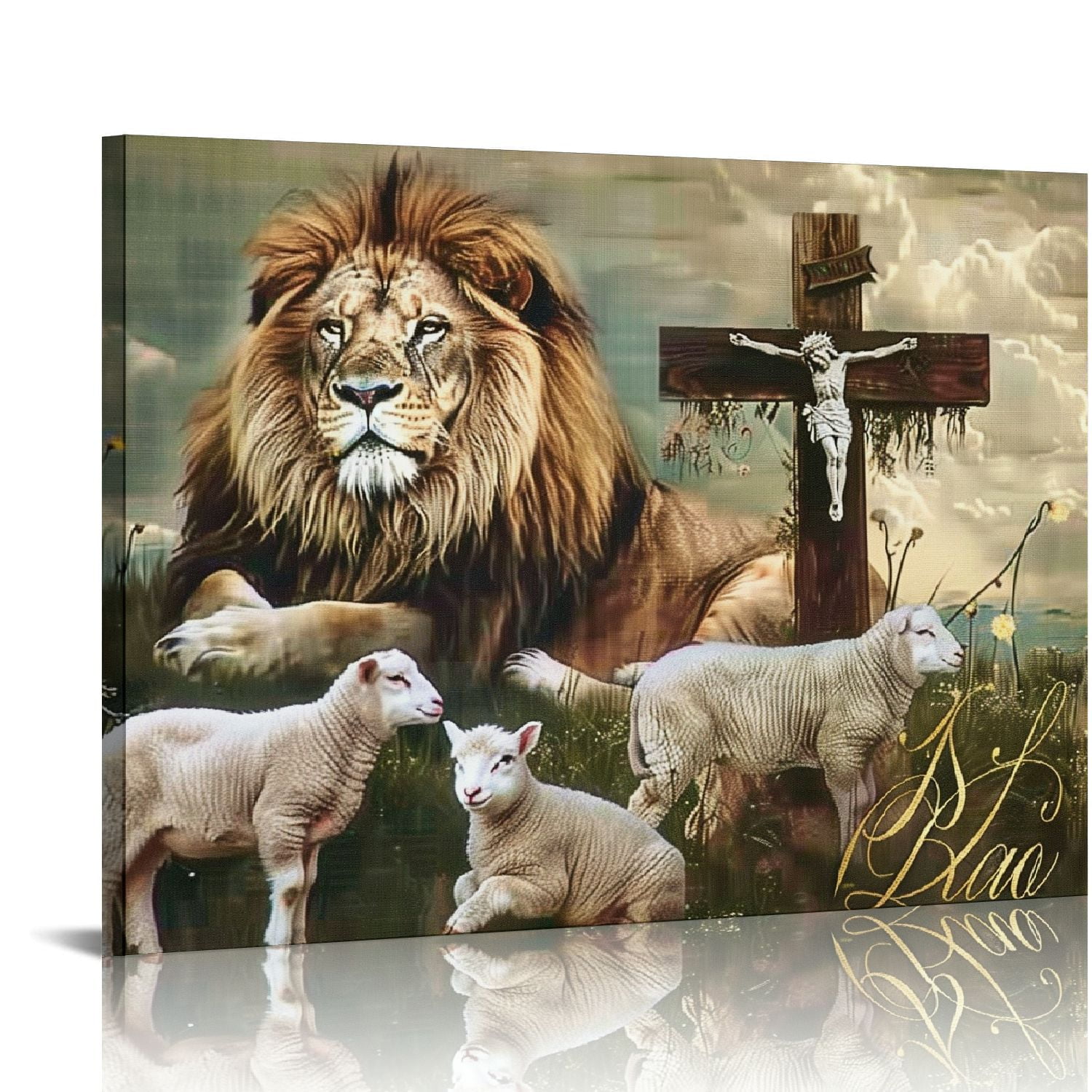 Nawypu Lion Wall Art Lamb Cross Daisy Canvas Prints Painting Lion of ...