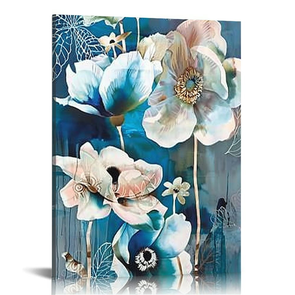 Nawypu Lotus Flower Canvas Wall Art for Living Room White and Indigo ...