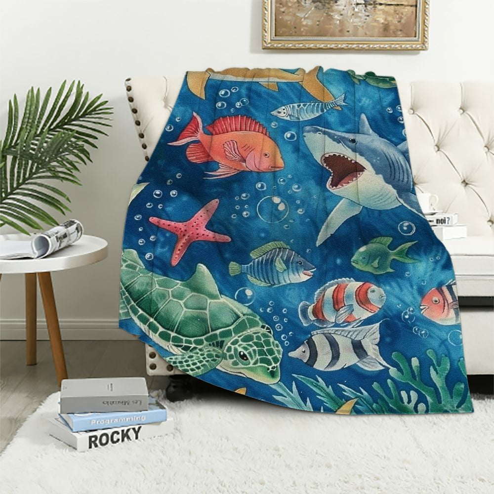 Nawypu Marine Life Blanket Ocean Theme Blanket Soft Fluffy Flannel ...