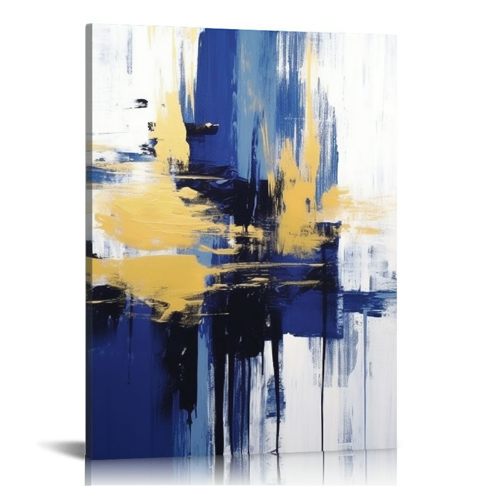 Nawypu Mellow Blue Gold Brush Stroke Abstract, Framed Wall Art ...