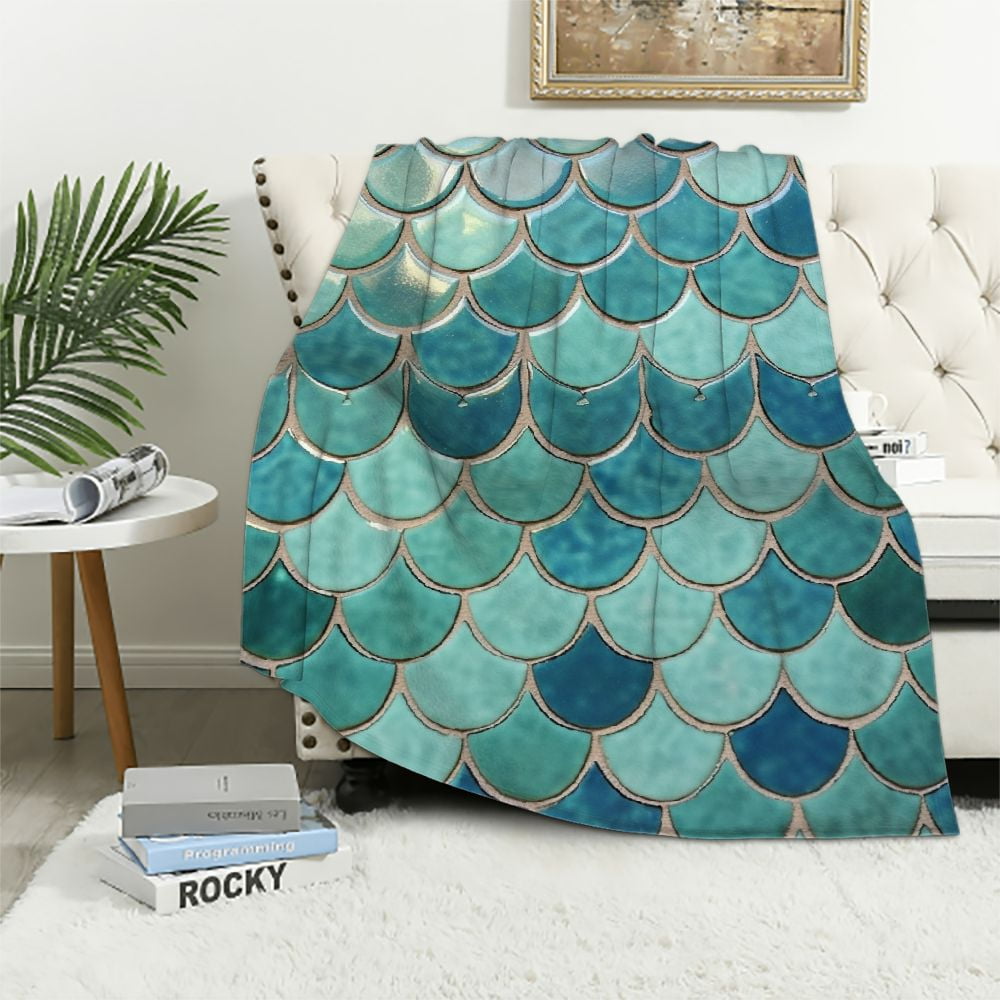 Nawypu Mermaid Scales Blanket,Retro Abstract Cyan Mermaid Fish Scales ...