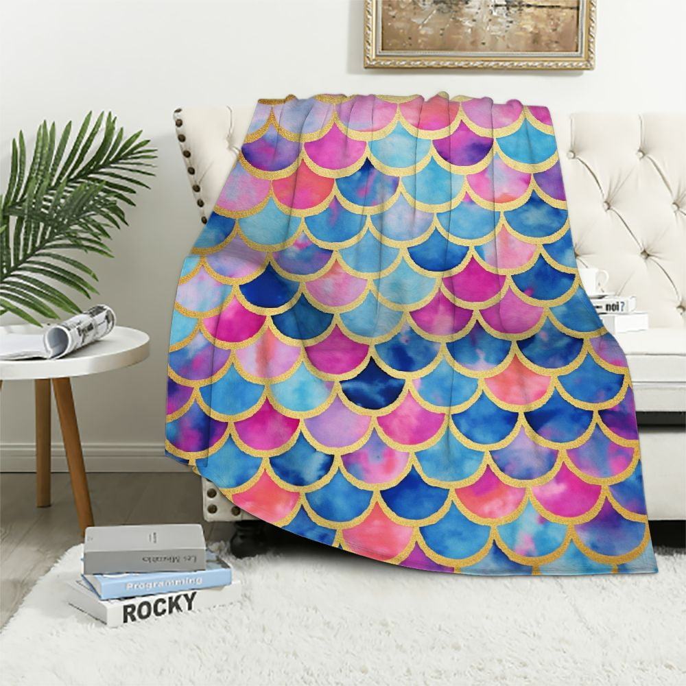 Nawypu Mermaid Scales Blanket,Watercolor Fish Scales Decor Blankets ...