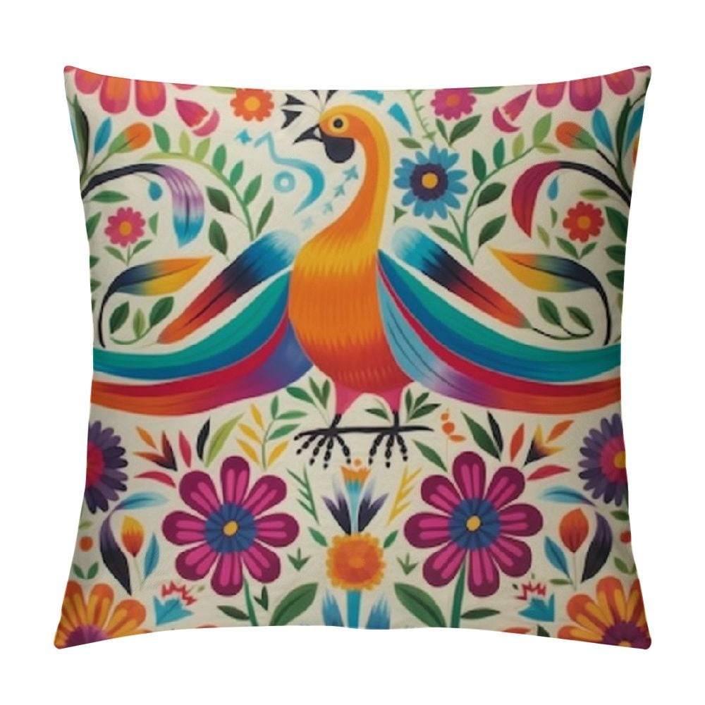 Nawypu Mexican Colorful Ethnic Birds Flowers Pillow Cover, Mexican Art ...