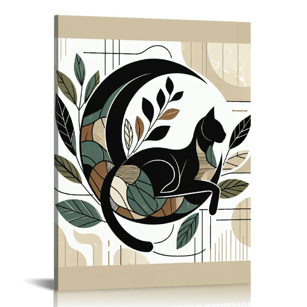 Nawypu Mid Century Minimalist Canvas Wall Art, Black Cat with Abstract ...