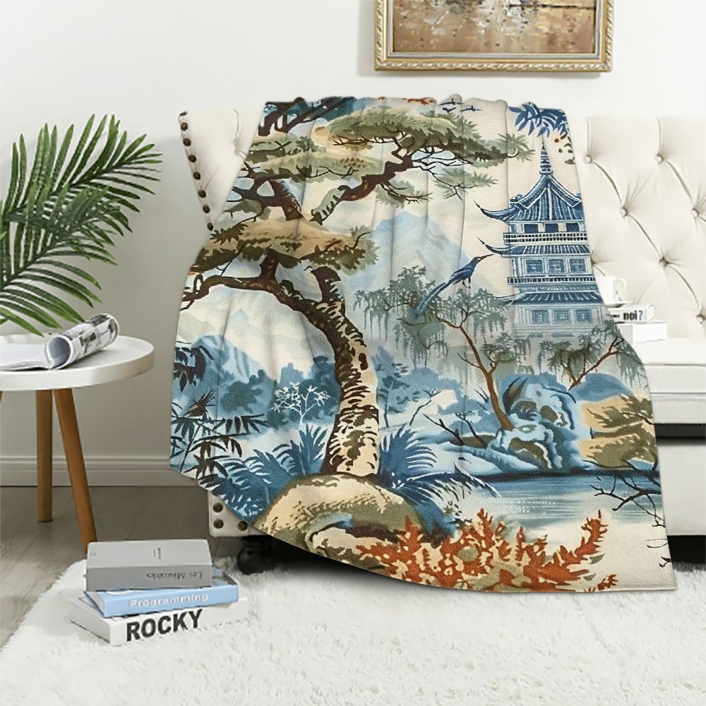Nawypu Ming Blue Pagoda Asian Bed Blankets Aqua Blue and Gold Pagoda ...