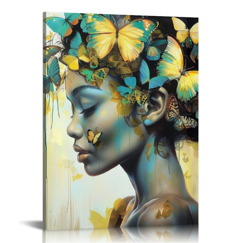 Nawypu Modern African American WaLL Art,Black Girl with Flowers Butterfly Head Painting, Woman ...