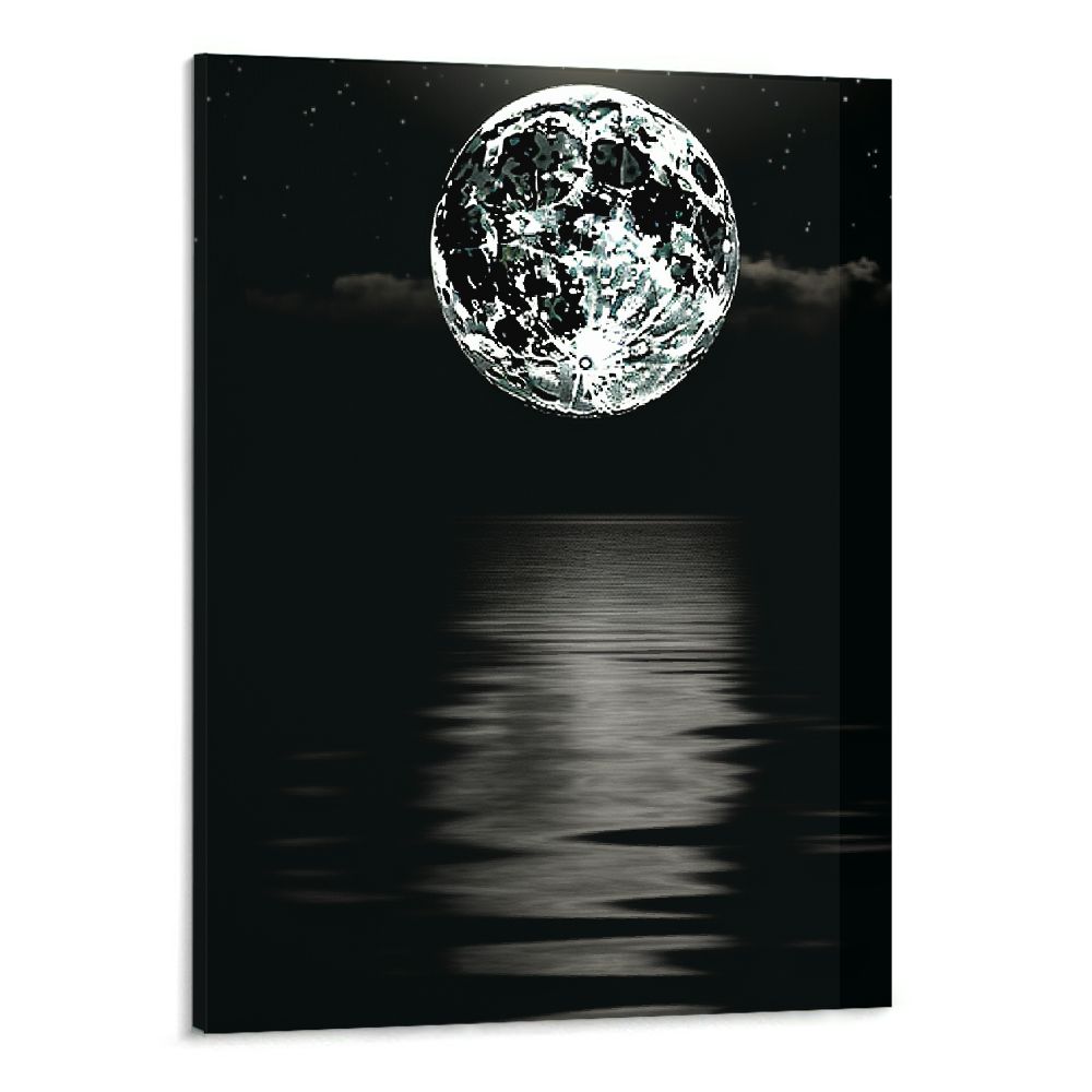 Nawypu - Modern Canvas Wall Art Black and White Large Full Moon on Sea ...