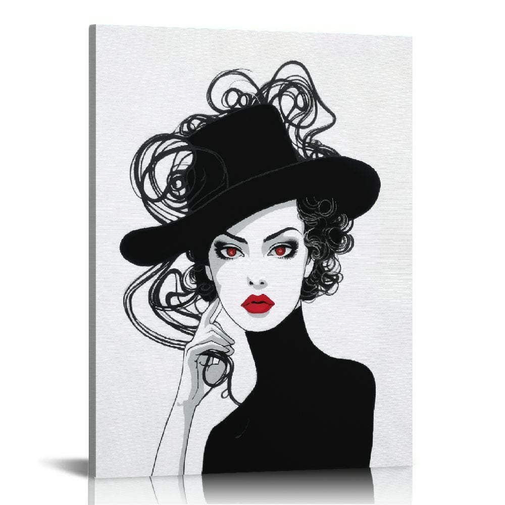 Nawypu Modern Woman with Black Hat and Red Lips Drawing Glam Fashion ...
