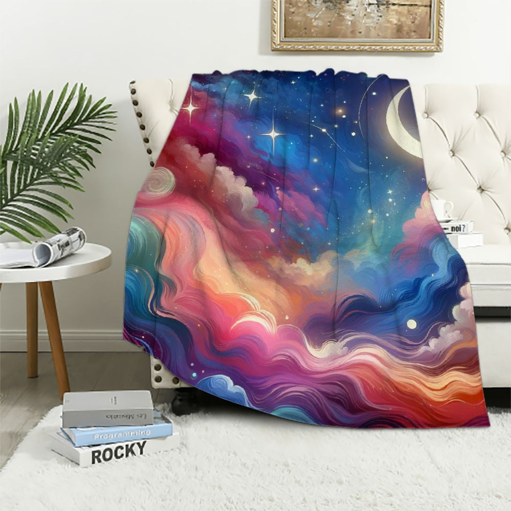 Nawypu Moon Blanket, Moon with Colorful Rainbow Clouds and Starry Stars ...