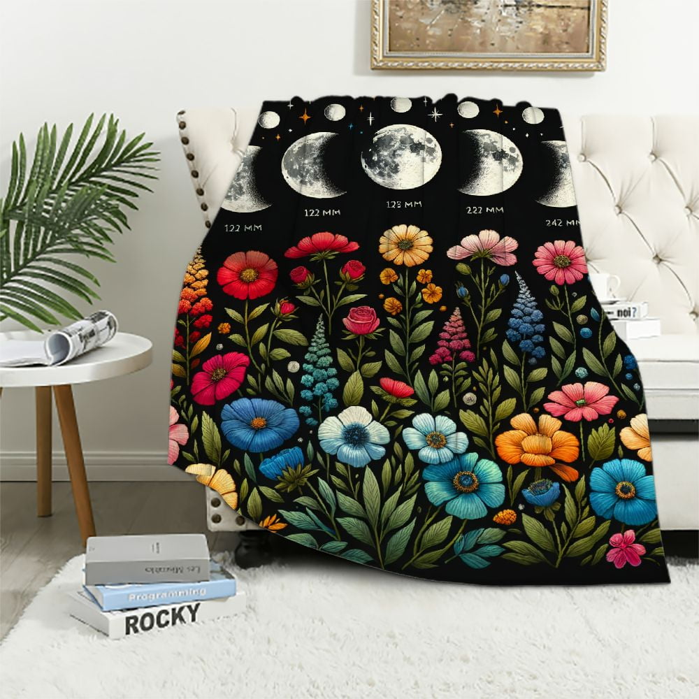 Nawypu Moonlit Garden Throw Blanket Moon Phase Surrounded Nap Blankets ...