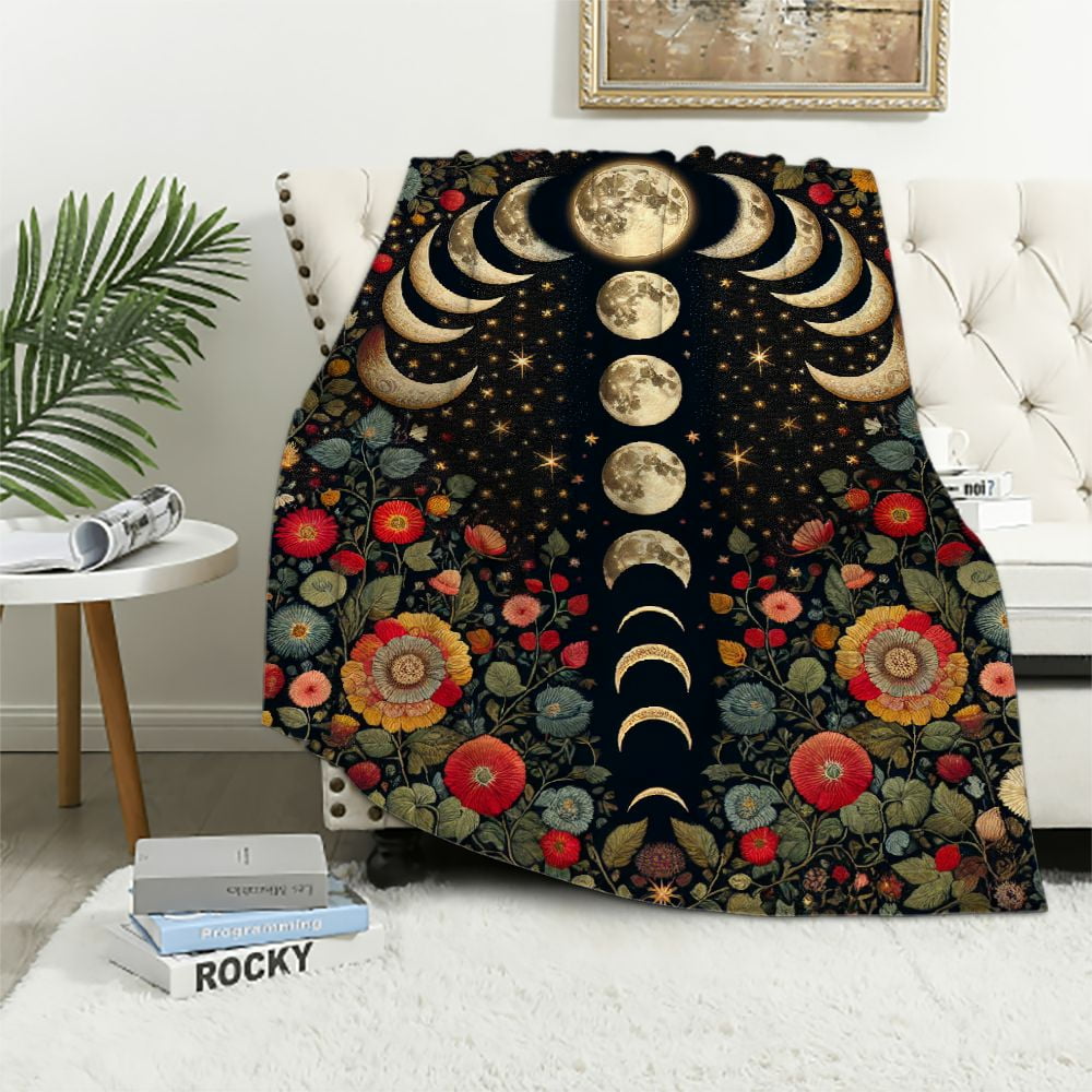 Nawypu Moonlit Garden Throw Blanket, Moon Phase Surrounded by Vines and ...