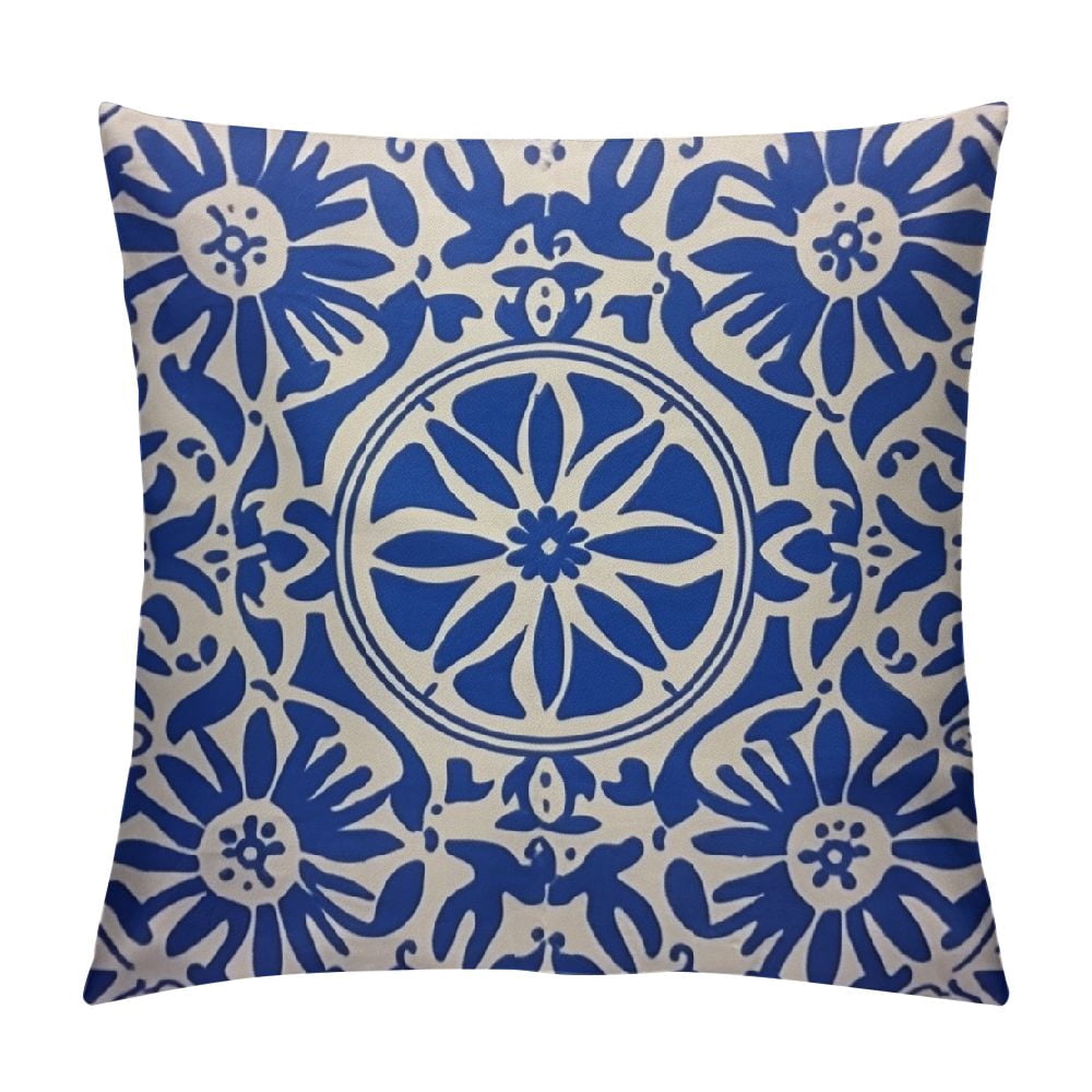 Nawypu Moroccan Tile Pillow Cover Ikat Damask Traditional Floral Cobalt ...