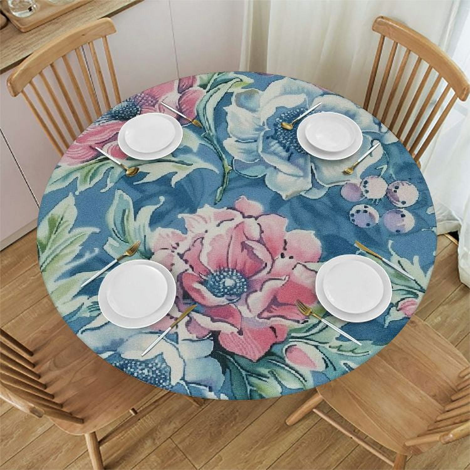 Nawypu Multicolor Round Fitted Tablecloth Florals Roses Orchids Buds ...