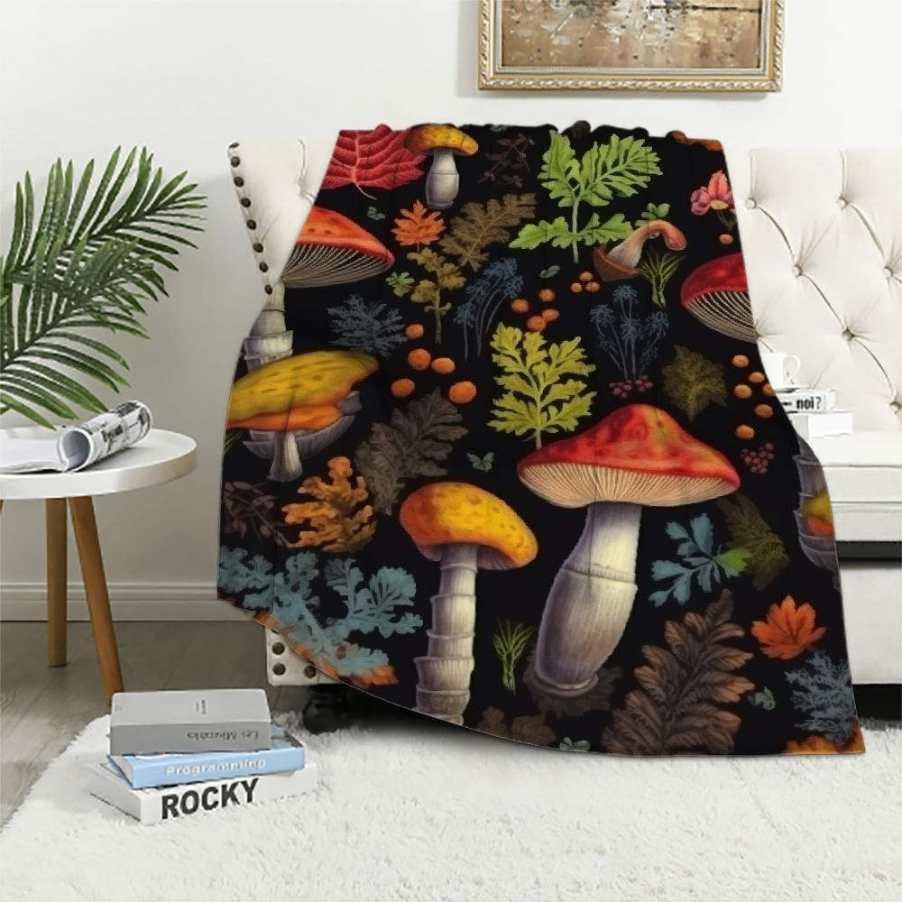 ONETECH Mushroom Gifts Blanket Throw Botanical Floral Plush Black ...