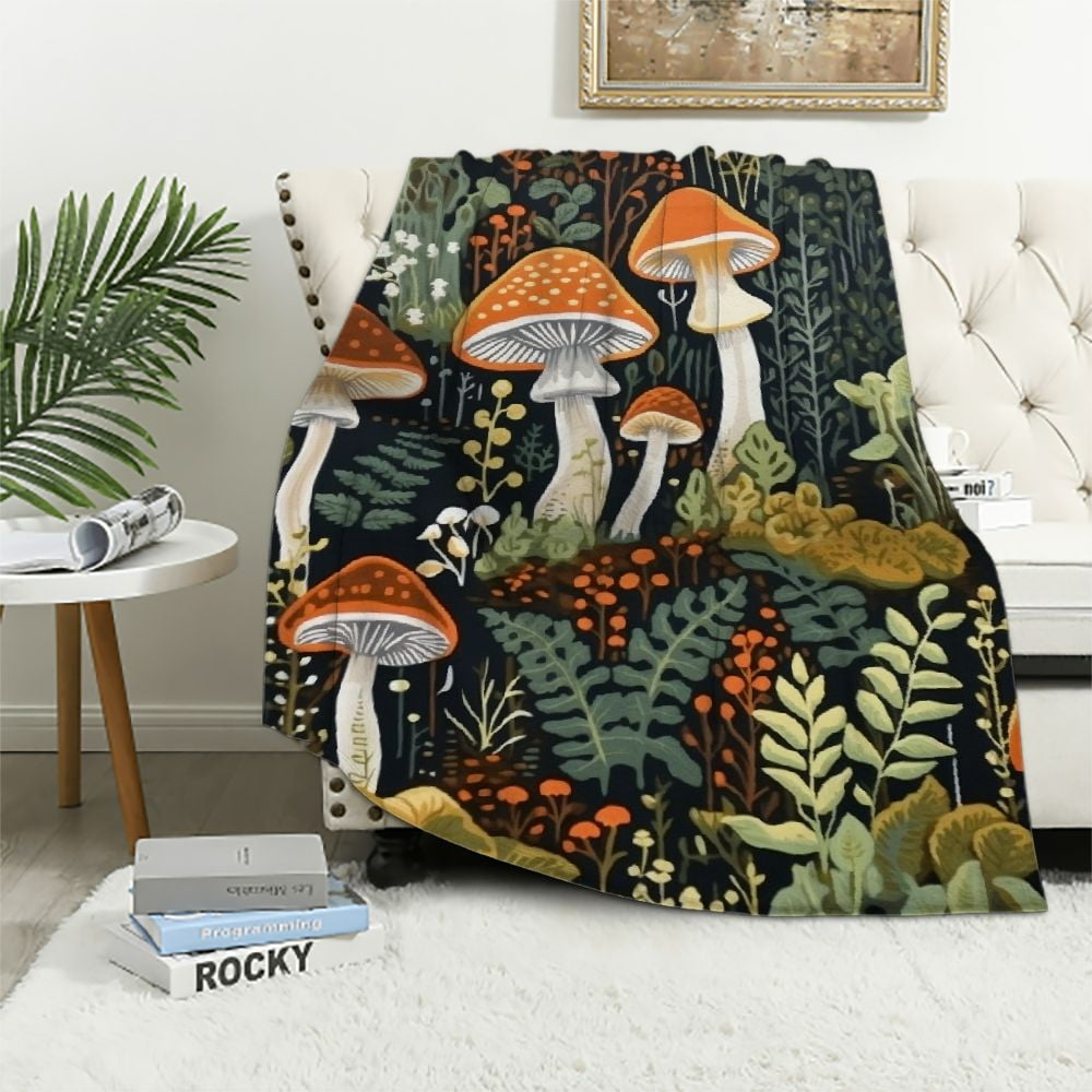 Nawypu Mushroom Throw Blanket: Floral Forest Black Brown Beige and ...