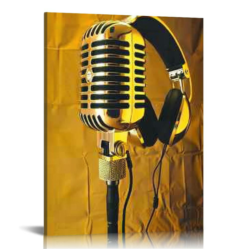 Nawypu - Music Artistic Paintings Wall Art Gold Microphone and Headset ...
